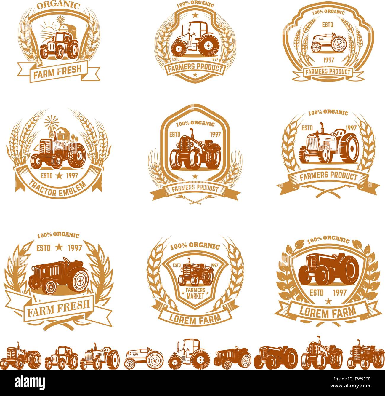 Satz von Vintage Bauer Embleme mit Traktoren. Design Element für Logo ...