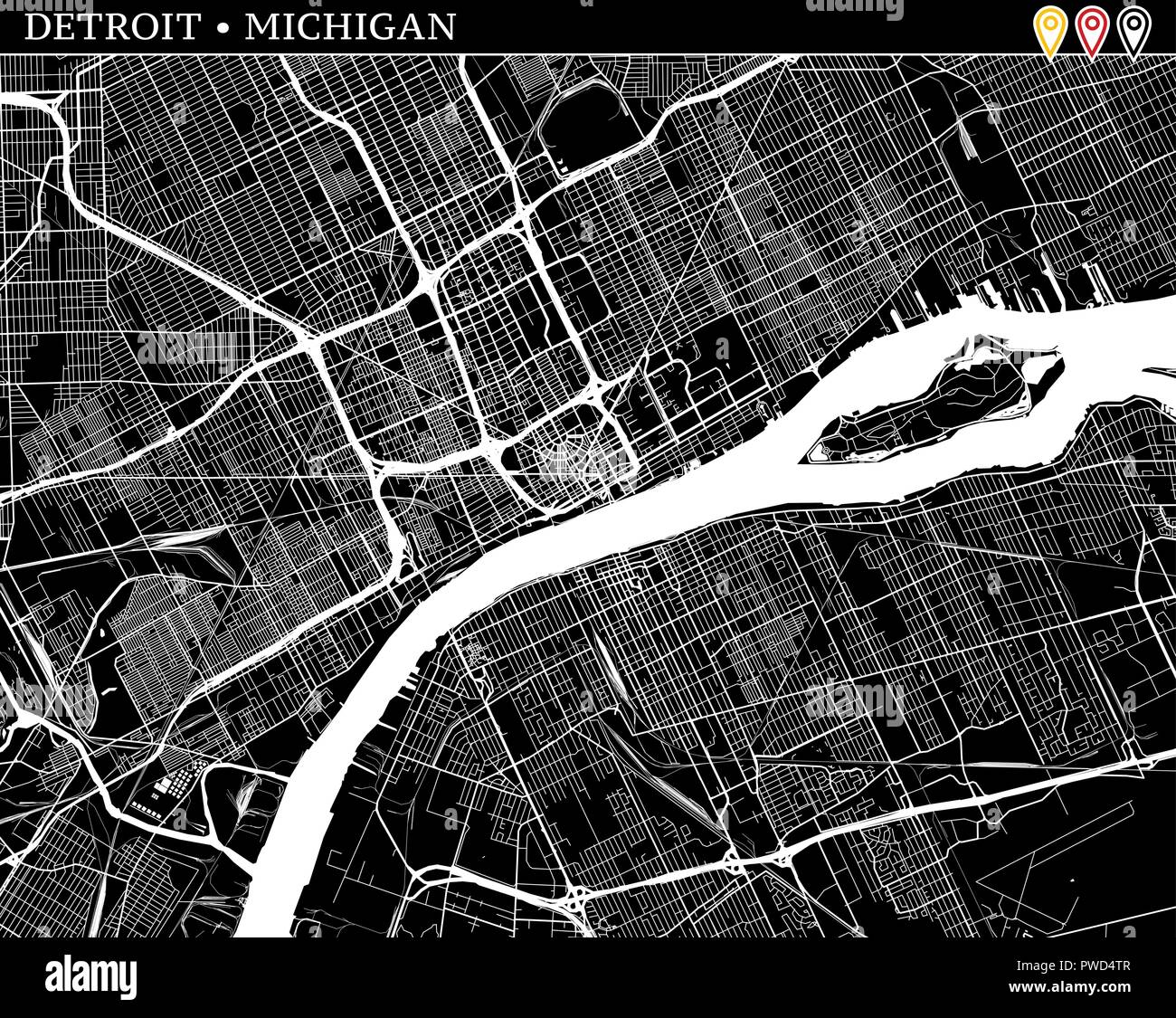 Einfache Karte von Detroit, Michigan, USA. Schwarze und weiße Version ...