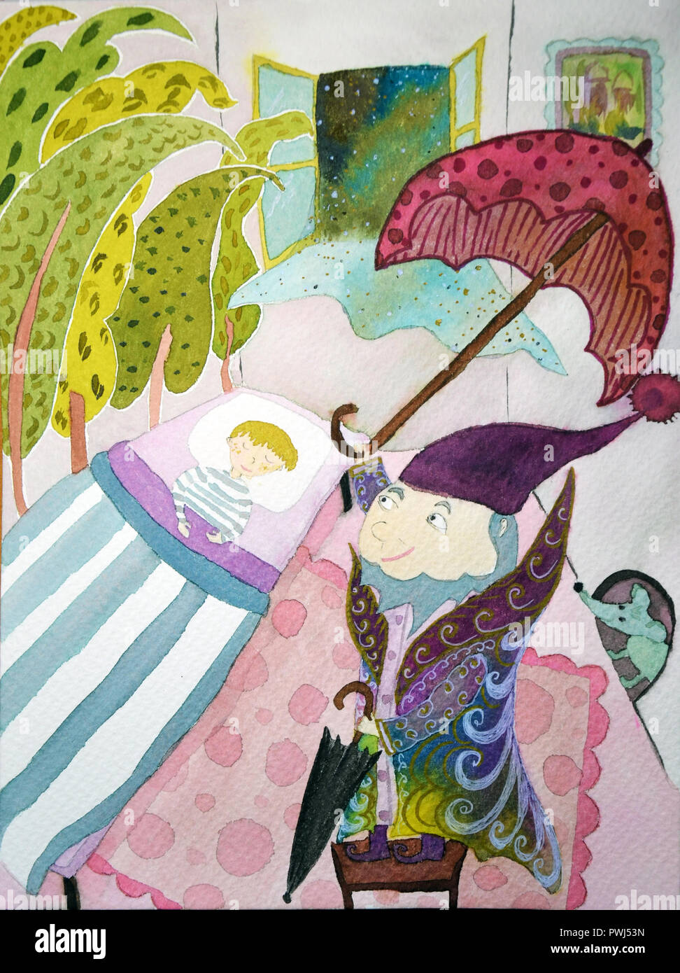 Aquarell Abbildung des Jungen mit Ole lukoe Märchen von Hans Christian ...