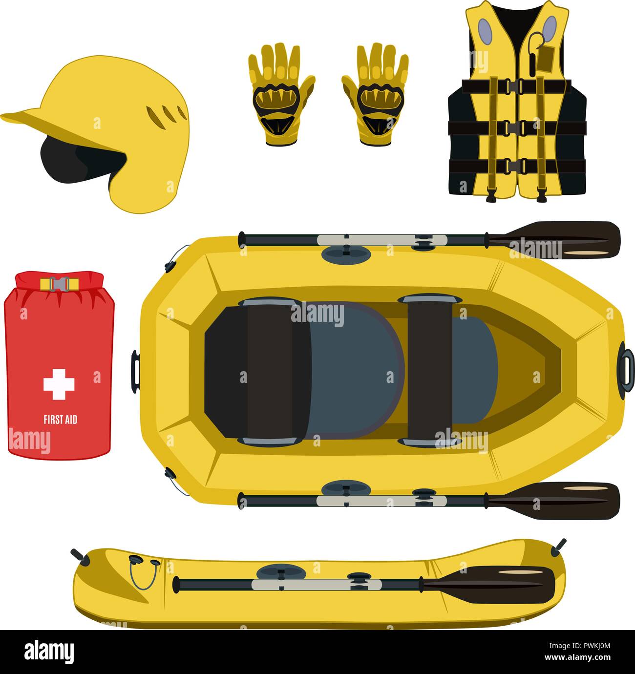Rafting Ausrüstung und Schutzbekleidung vektor Icon Set Stock ...