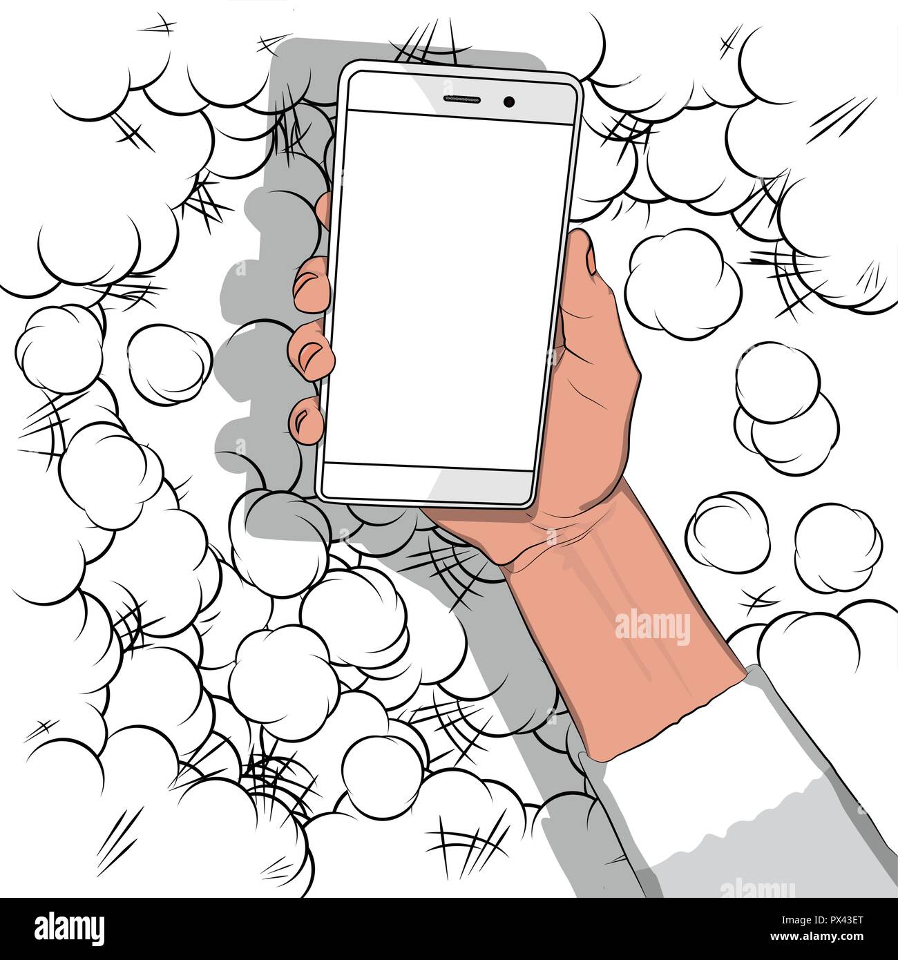 Hand white Handy mit weißer Bildschirm mit Explosion oder cloudes ...