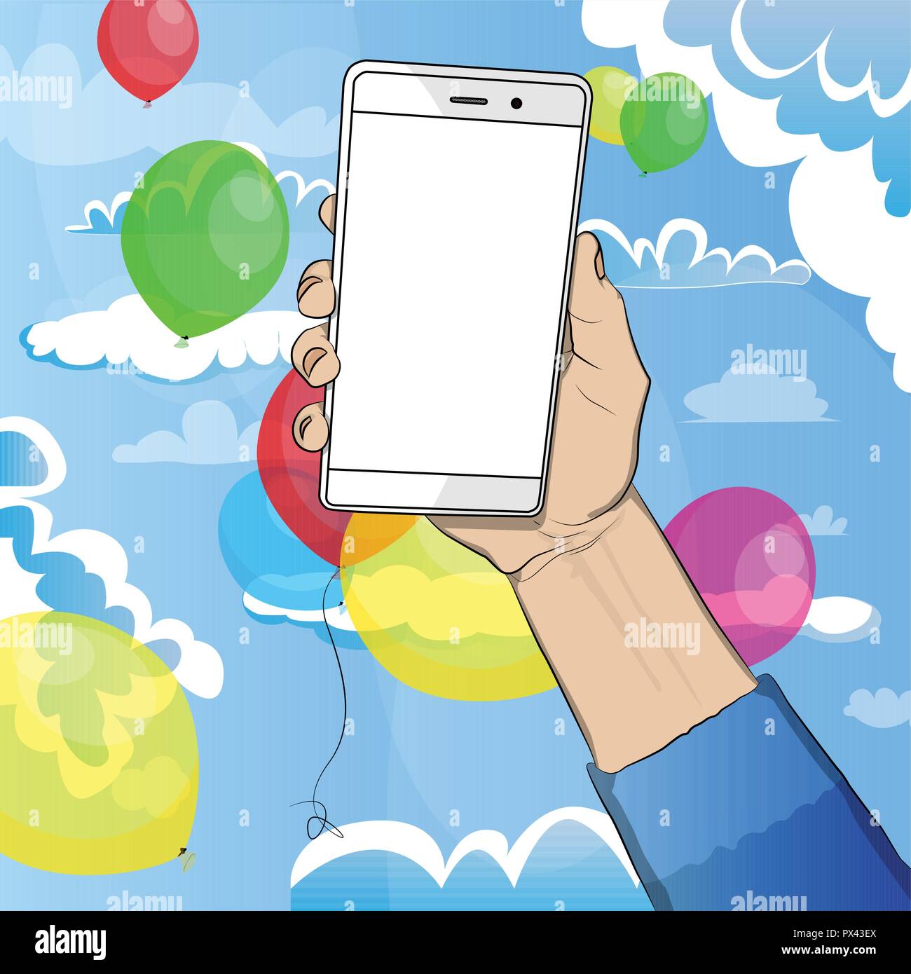 Hand white Handy mit weißer Bildschirm mit cloudes und Luftballons im ...