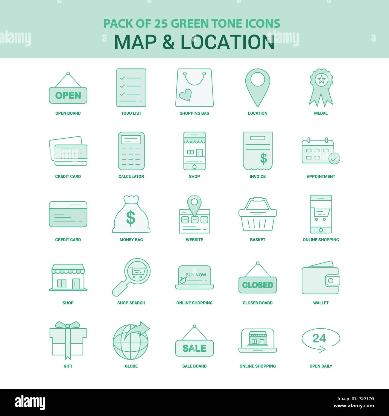 25 Grüne Karte und Lage Icon Set Stock-Vektorgrafik - Alamy
