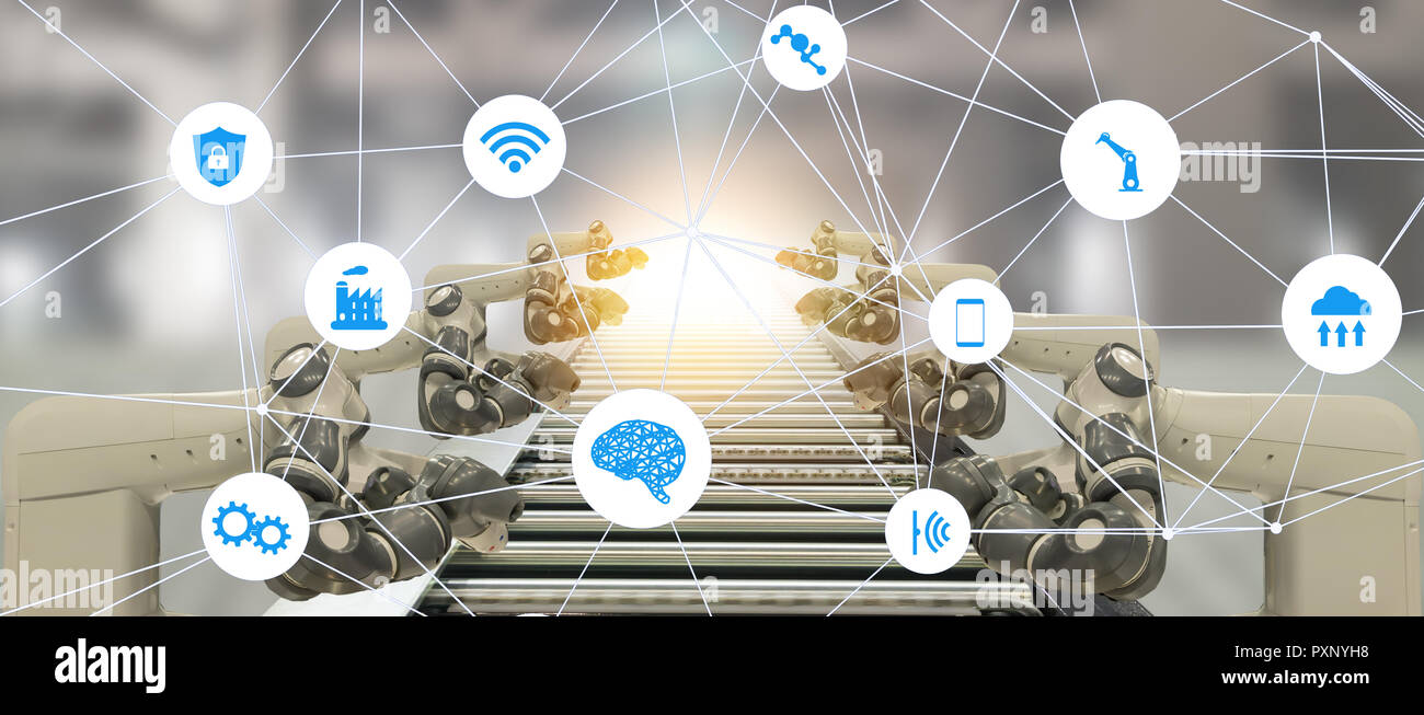 Iot Industrie 4.0 künstliche Intelligenz Technologie Konzept. Smart Factory über Trends ...