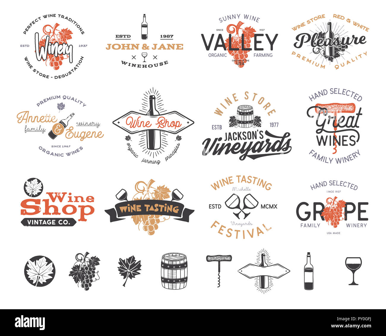 Wein Logos, Etiketten eingestellt. Weingut, Wein Shop, Wein Abzeichen ...