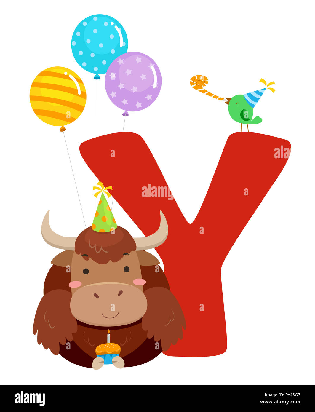 Abbildung einer Yak Holding einen Geburtstag Cupcake, Luftballons und ...