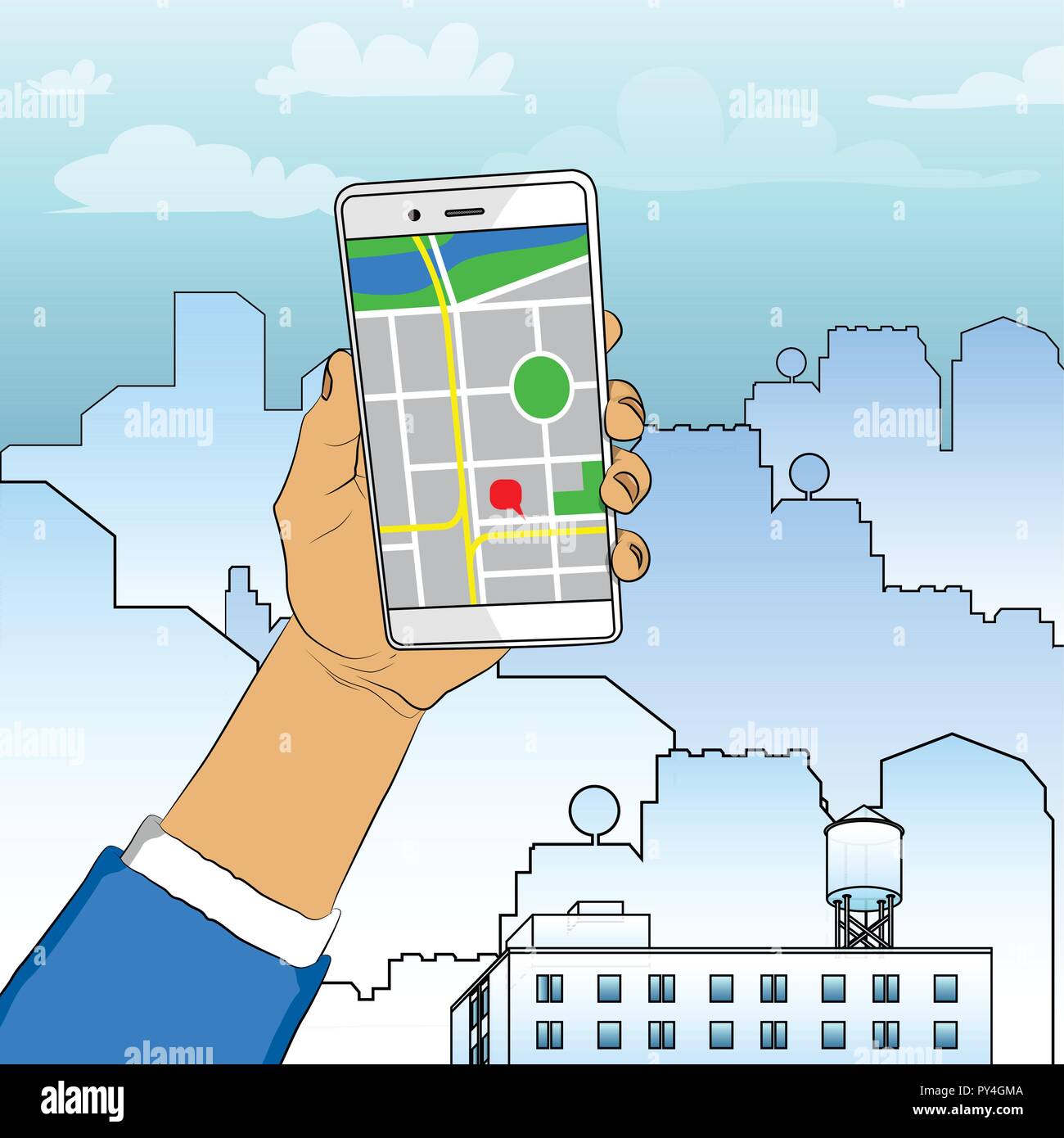 Hand white Handy mit Karte. Mobile gps-Navigation und Tracking Konzept ...