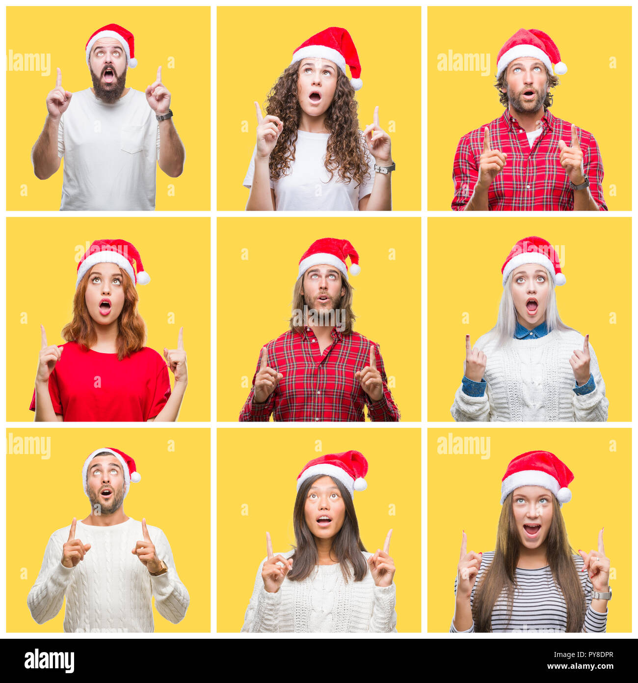 Collage der Gruppe junger Menschen tragen Mütze über gelb isoliert ...