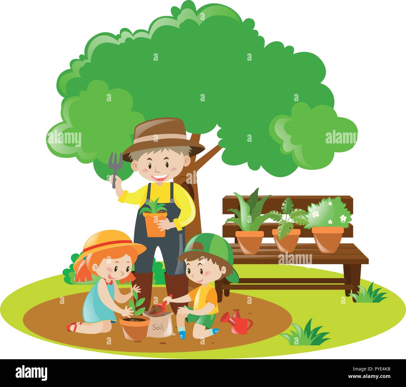 Kinder und Gärtner Pflanzen im Garten Abbildung Stock-Vektorgrafik - Alamy