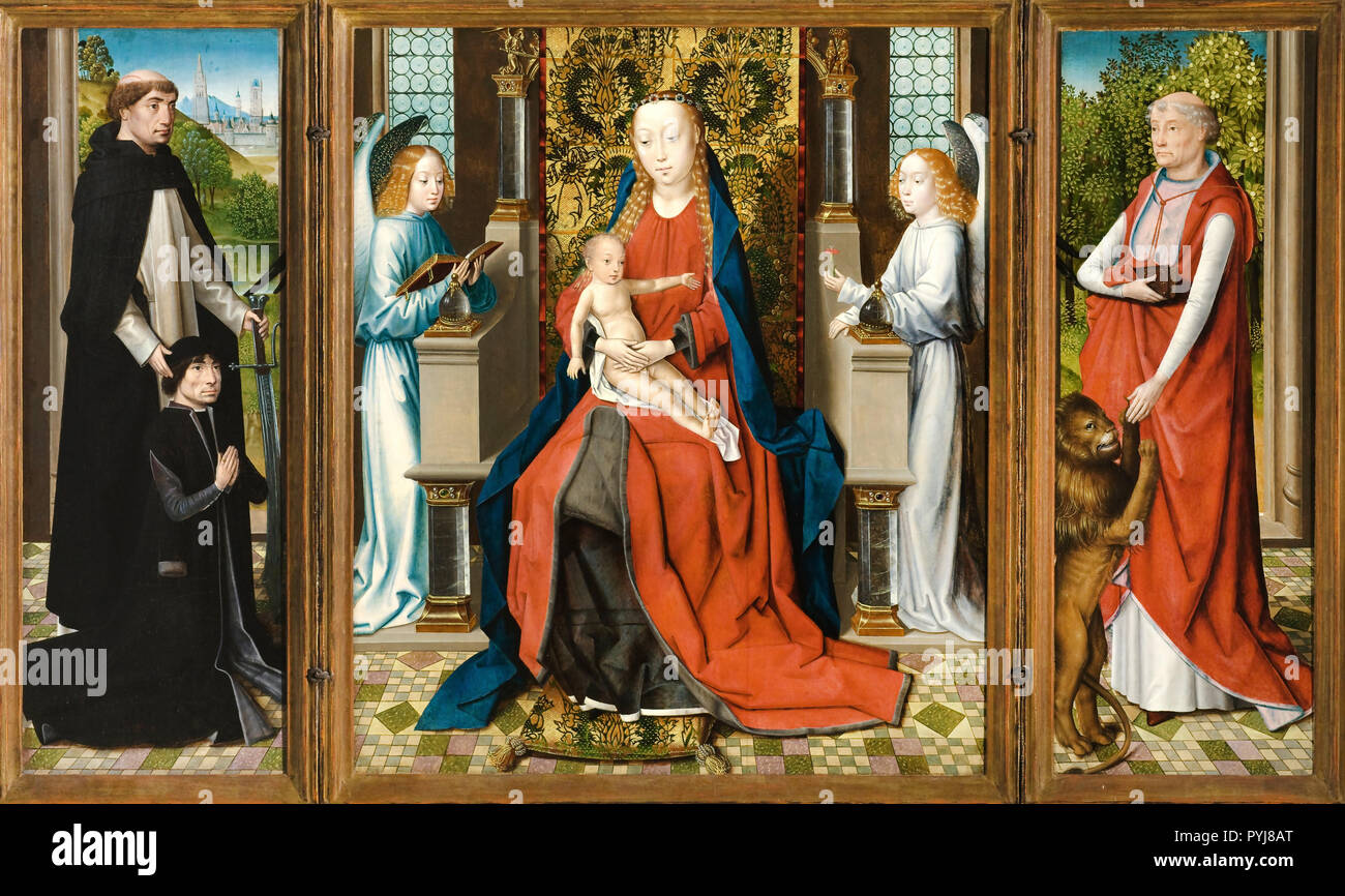 Meister der Legende von St. Lucy, Triptychon von Madonna und Kind mit Engeln; Spender und seinem ...