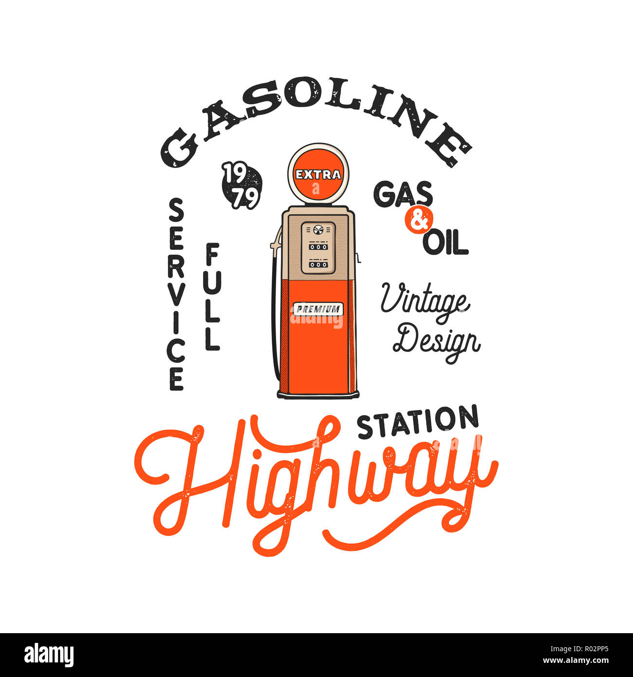Vintage Tankstelle Pumpe Abzeichen. Retro Hand gezeichnet Benzin Logo ...