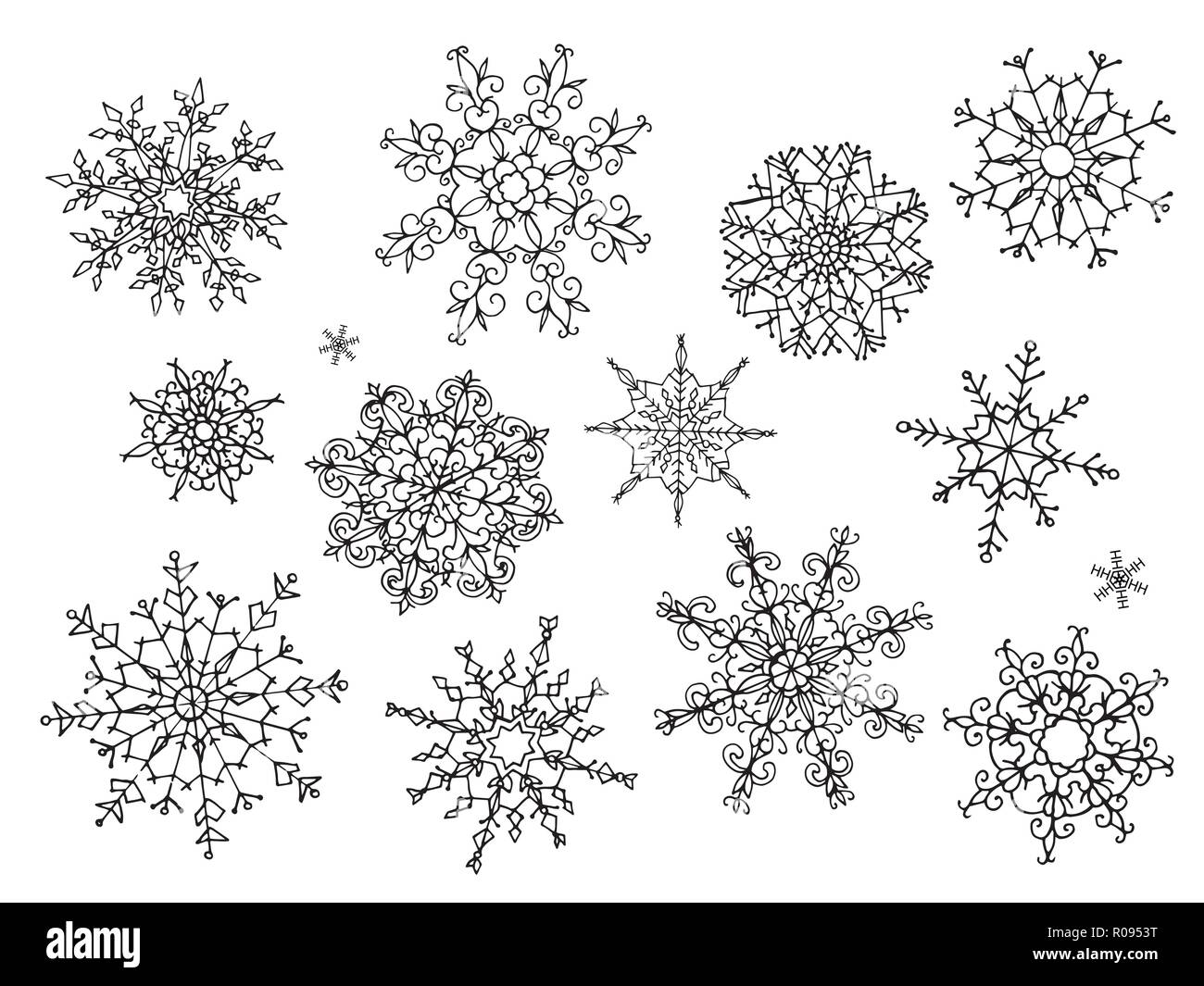 Großer Satz von Hand gezeichnet Doodle style Schneeflocken auf weißem ...