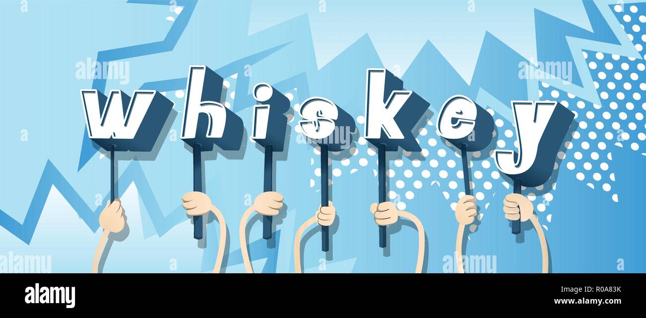 Diverse Hände, die Buchstaben des Alphabets das Wort Whisky erstellt ...