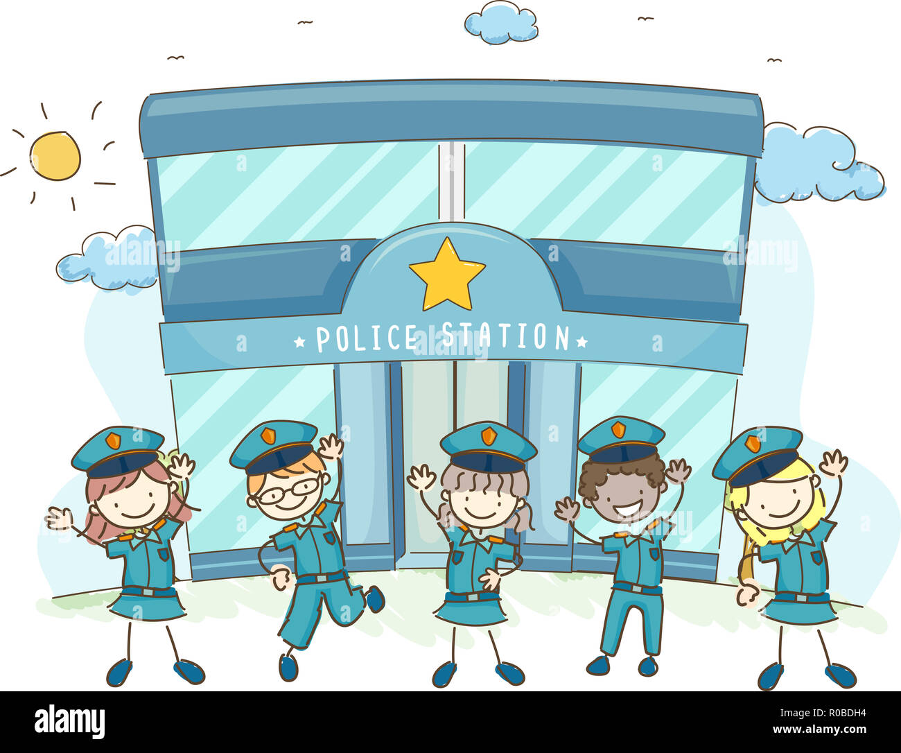 Abbildung: Stickman Kinder tragen Polizei Uniform Vor der ...