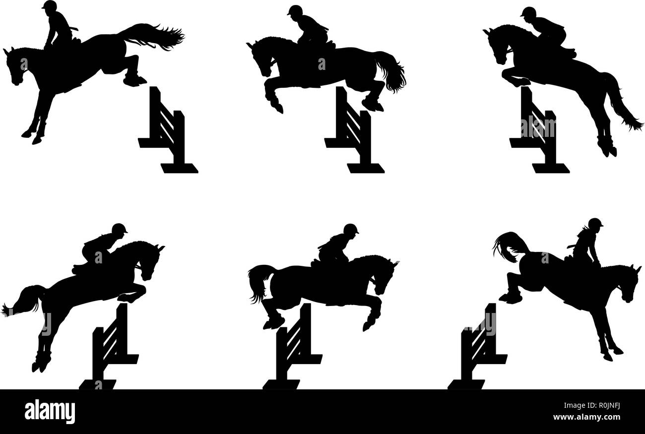 Satz von Silhouetten von Reitern, springende Pferd über ein Hindernis ...