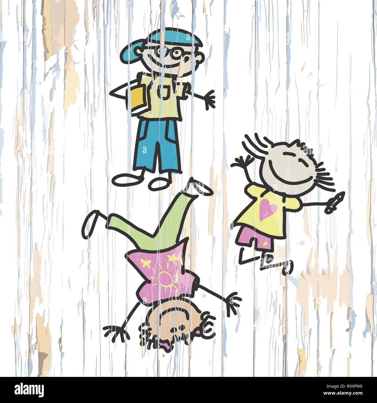 Drei Kinder doodles Zeichnung auf Holz- Hintergrund. Vector ...