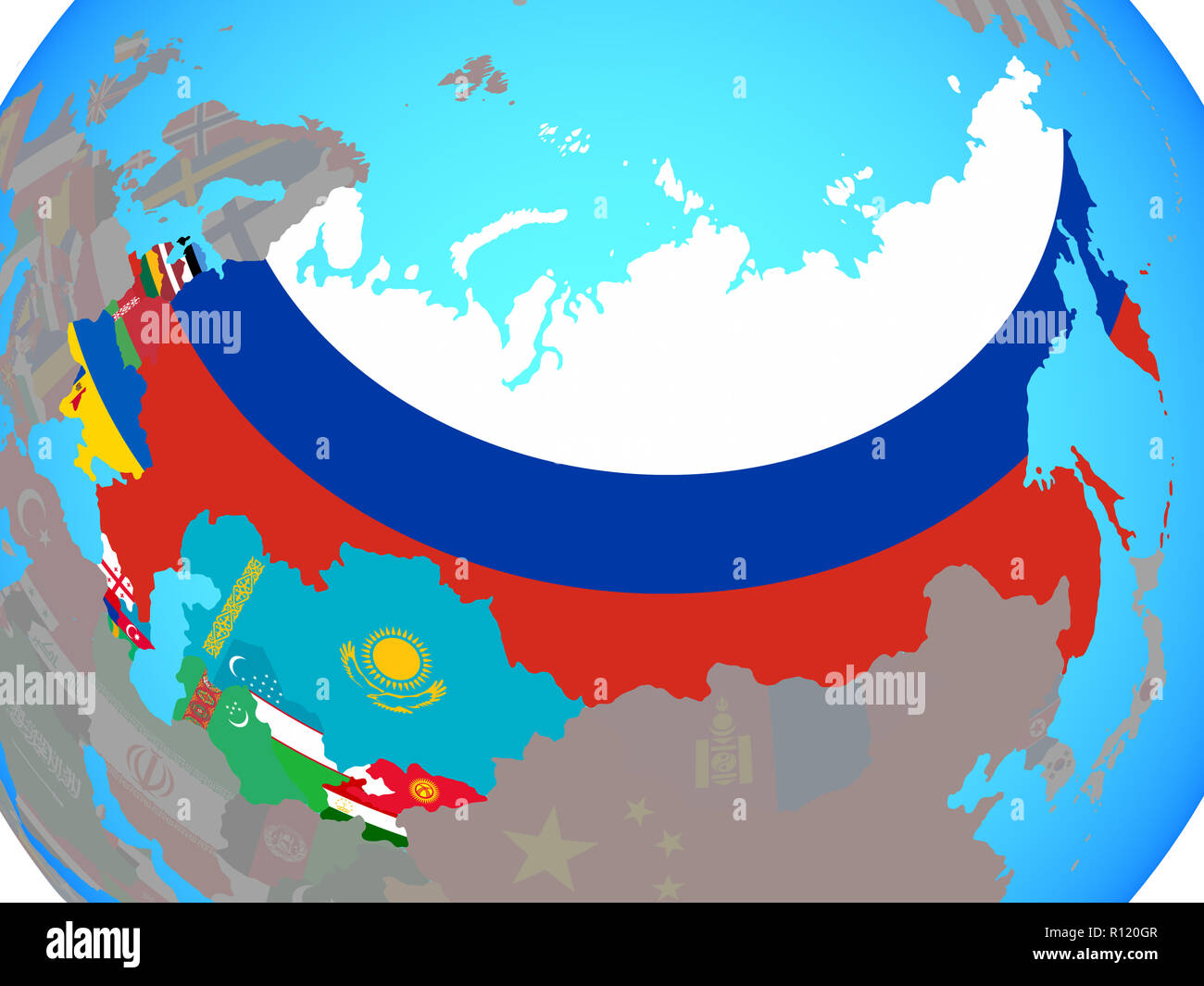 Sowjetunion mit nationalen Flaggen auf Blau politische Welt. 3D ...