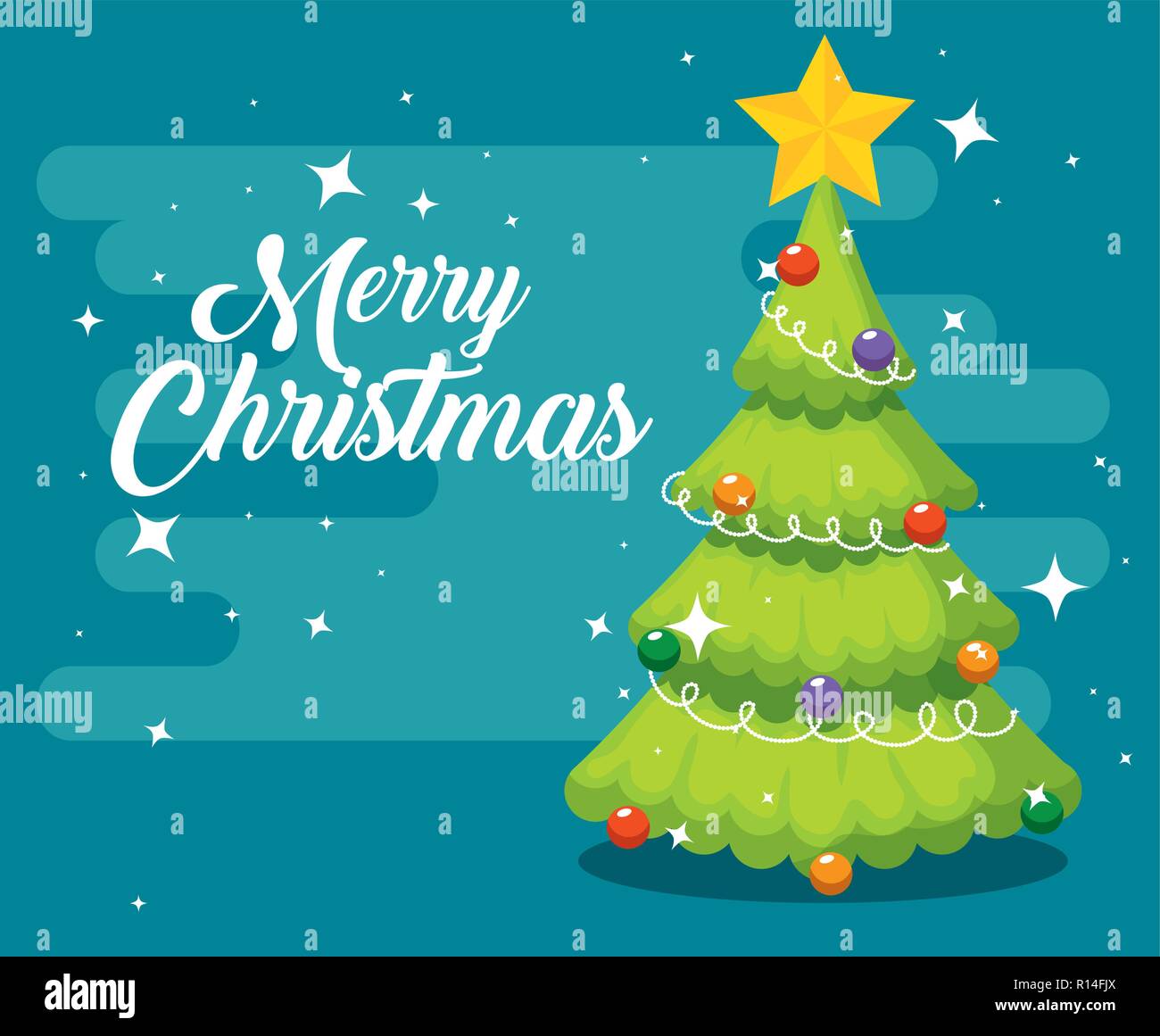 Stern in der Pine Tree mit Lichtern und Kugeln Vector Illustration ...