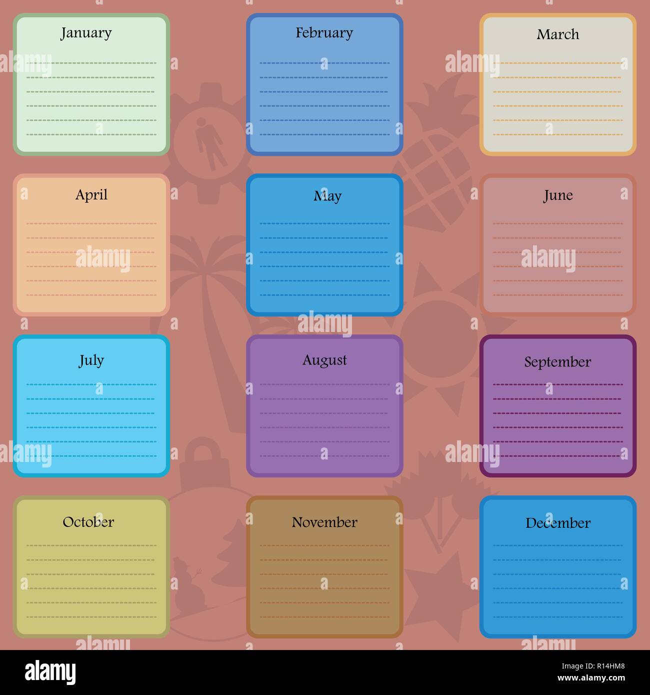Kalender planer Vorlage mit unterschiedlichen Farben für jeden Monat ...