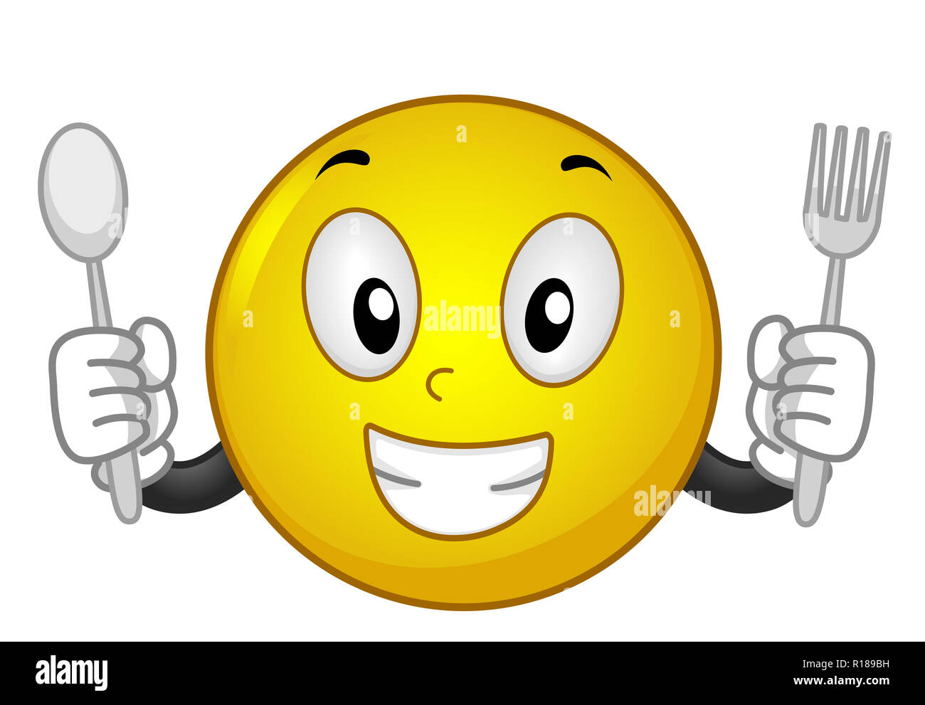 Abbildung: ein Smiley Maskottchen und lächelnd Löffel und Gabel Warten ...