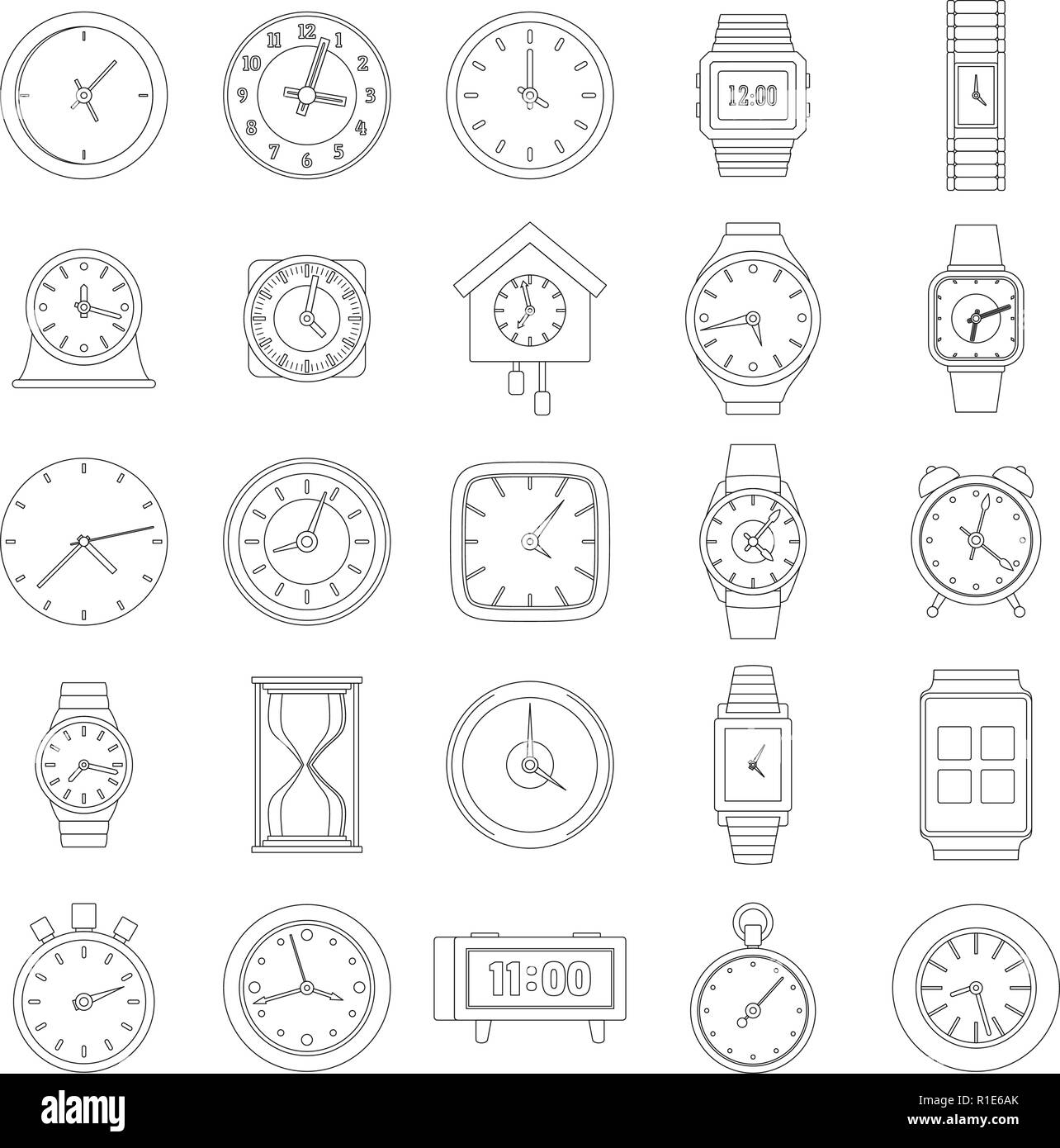 Zeit und Uhr Symbole gesetzt. Überblick Abbildung: 25 Uhr Vector Icons ...