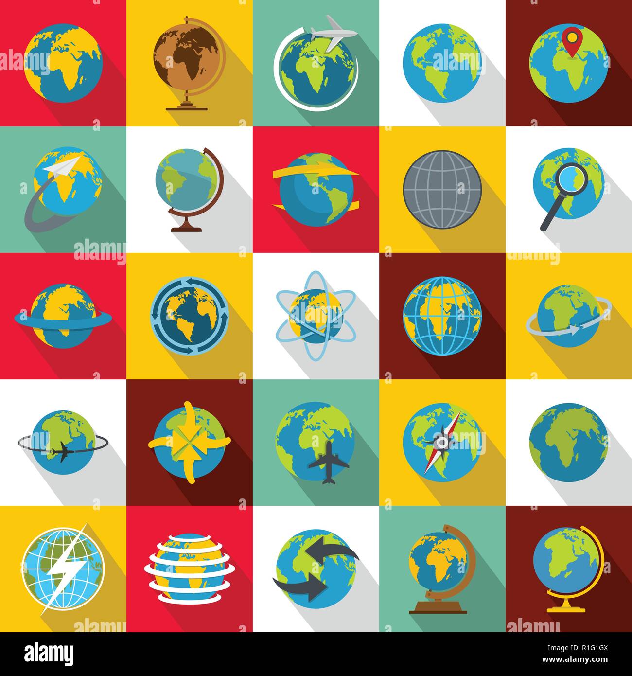 Globus Erde Symbole gesetzt. Flache Darstellung von 25 Globus Erde ...