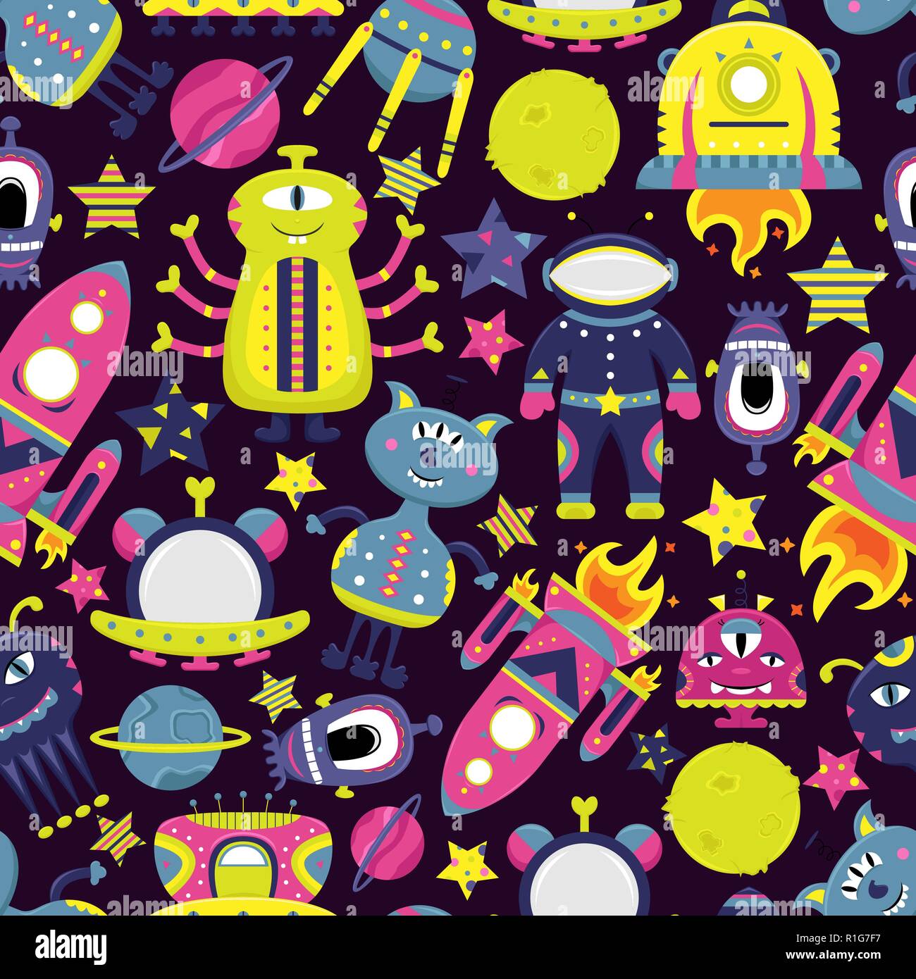 Der Vektor cartoon nahtlose Muster mit Aliens, Raumschiffe, Planeten ...