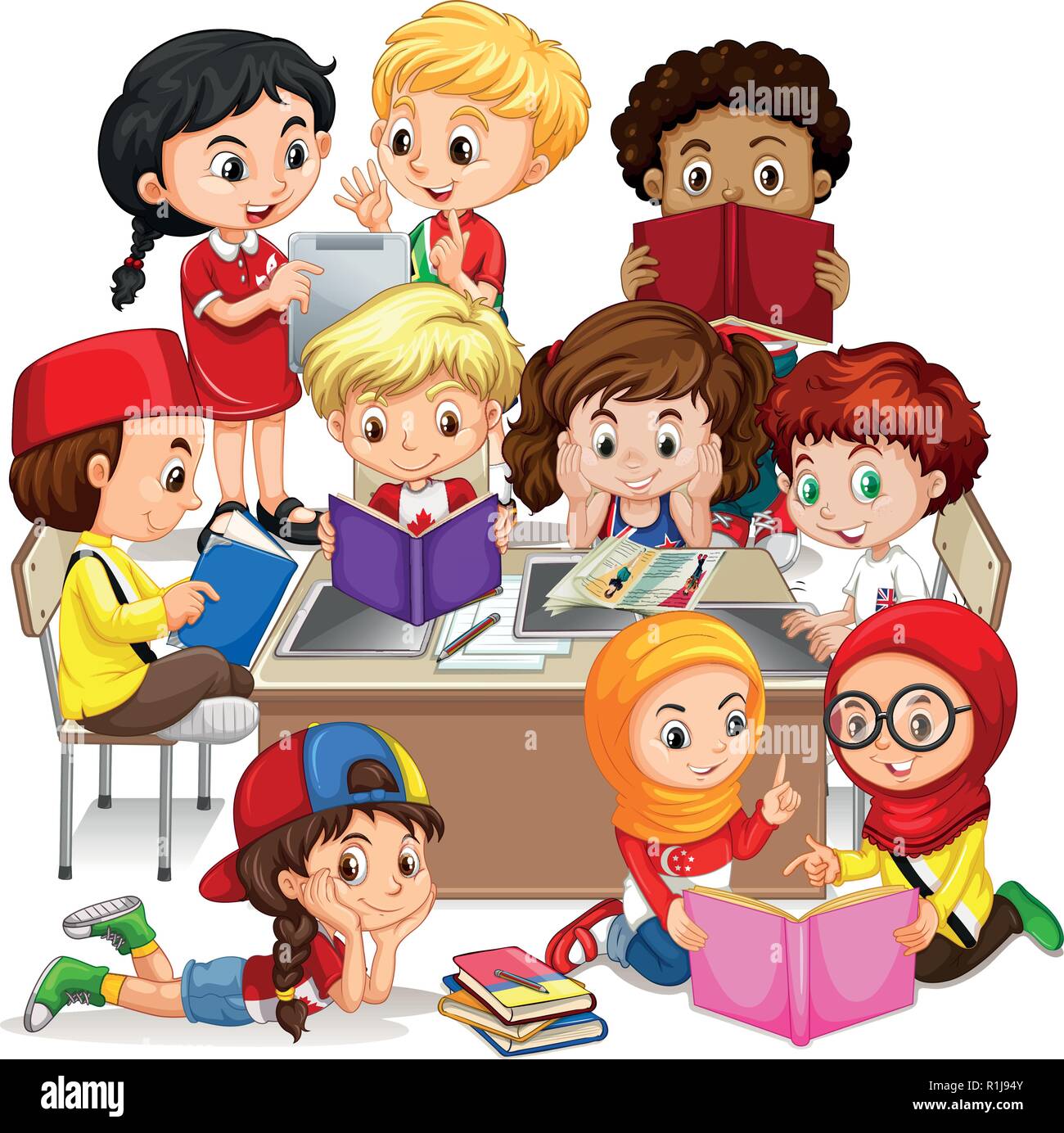Gruppe internationaler Kinder lernen Abbildung Stock-Vektorgrafik - Alamy