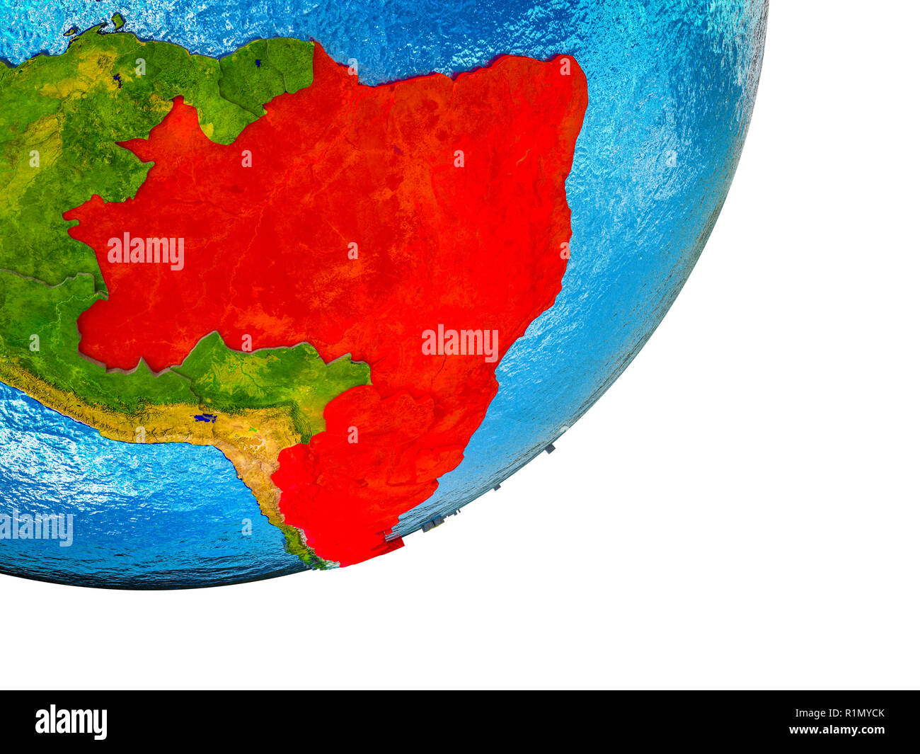 Mitglieder des Mercosur auf 3D-Modell der Erde mit Wasser und geteilten ...