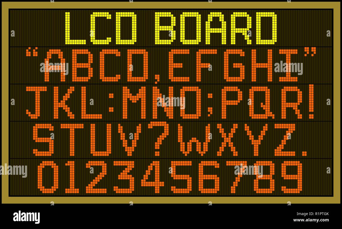 LCD font-Retro-LCD-Platine mit grossen Buchstaben, Ziffern und Satzzeichen in quadratischen ...