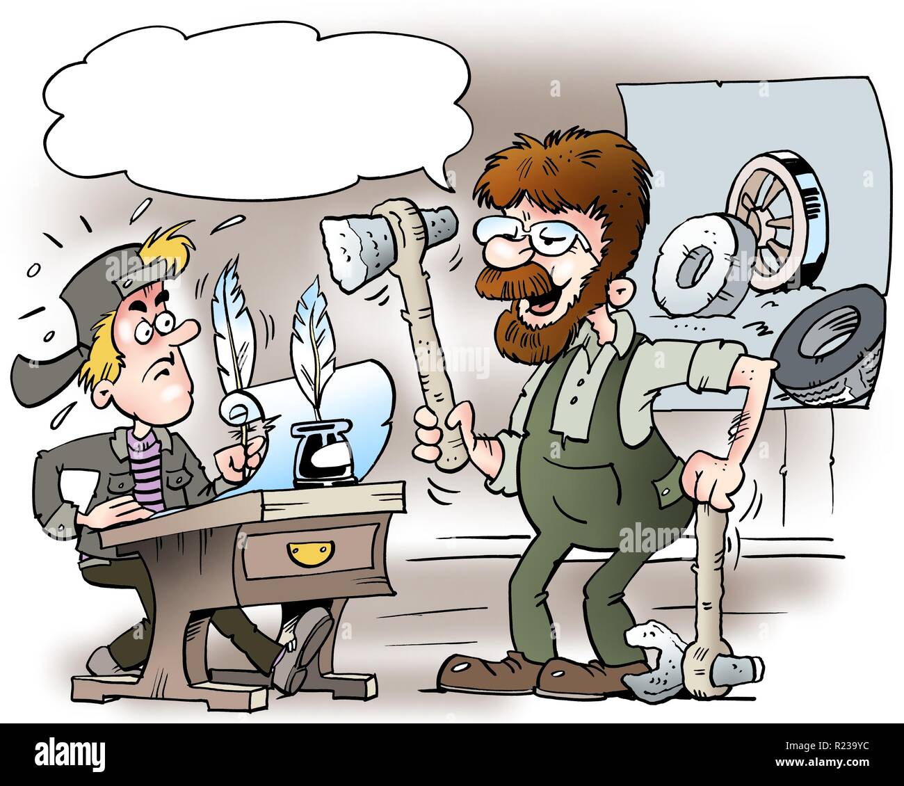 Cartoon Illustration eines jungen Mechaniker in der alten Schule, die ...