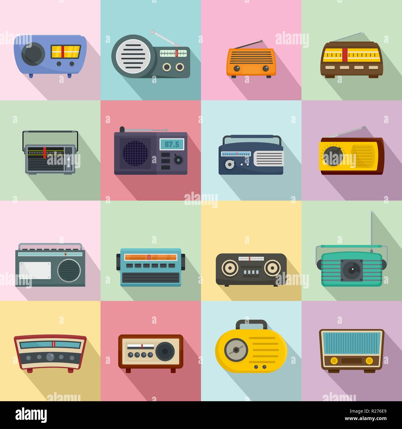 Radio Musik altes Gerät Symbole gesetzt. Flache Abbildung: 16 Radio ...