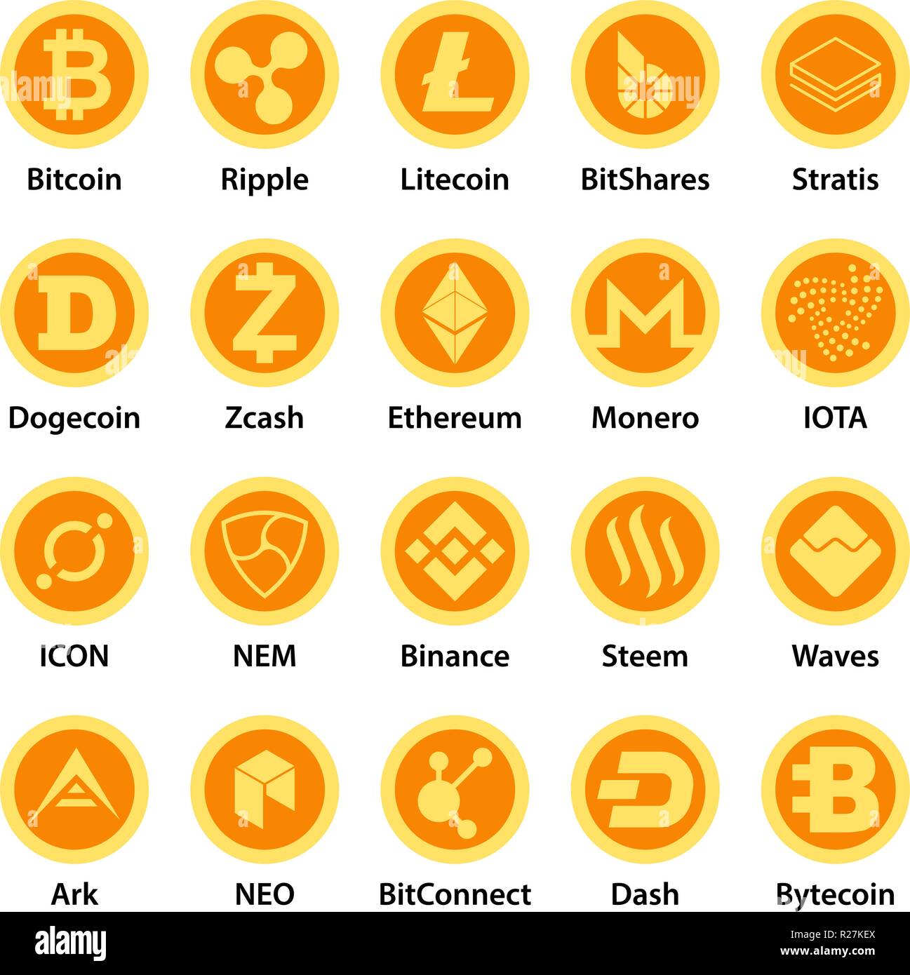Cryptocurrency Arten Symbole gesetzt. Flache Darstellung von 25 ...