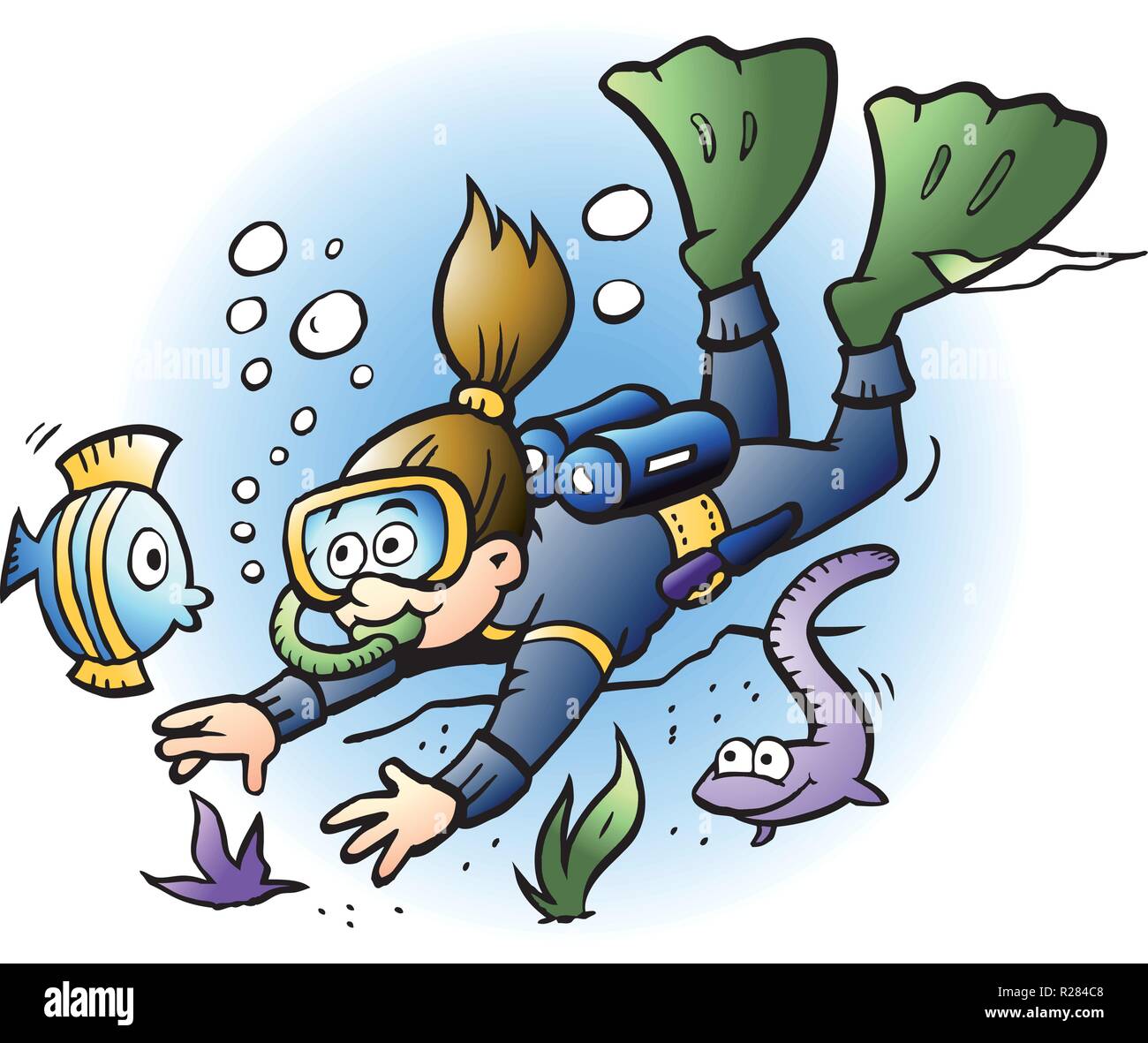 Vektor Cartoon Illustration eines Taucher an bunten Fischen suchen ...