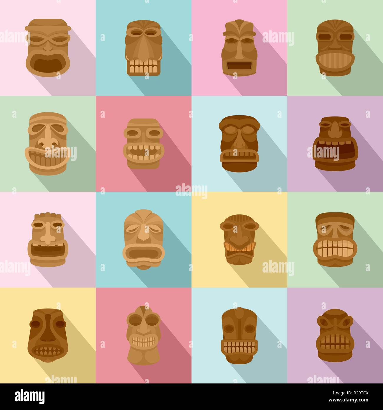 Tiki Idol aztec Hawaii Gesicht Symbole gesetzt. Flache Darstellung von ...