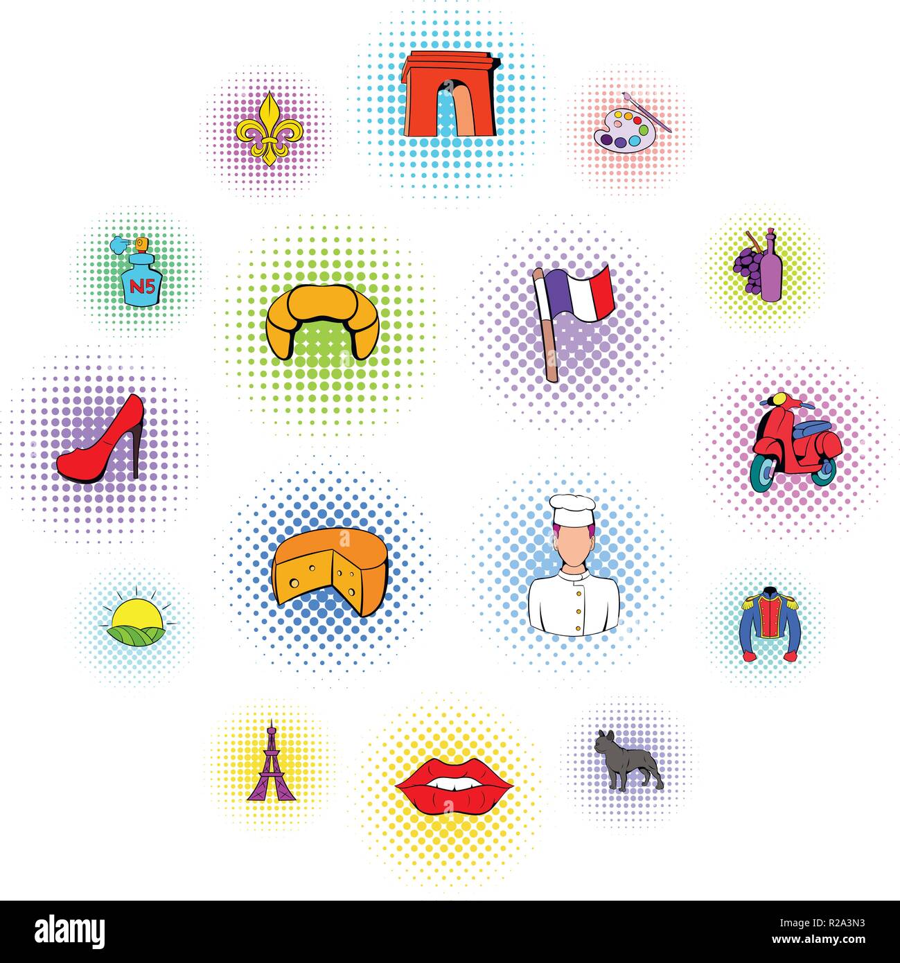 Paris Symbole im Comic Stil auf weißem Hintergrund Stock-Vektorgrafik ...