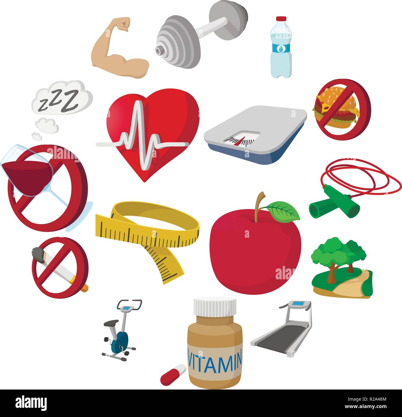 Gesunde Lebensweise cartoon Symbole. Fitness auf weißem Hintergrund ...