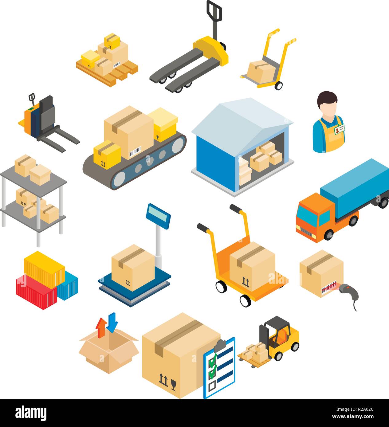 Lager Logistik Lagerung Symbole in isometrischer 3D-Stil, der auf einem ...