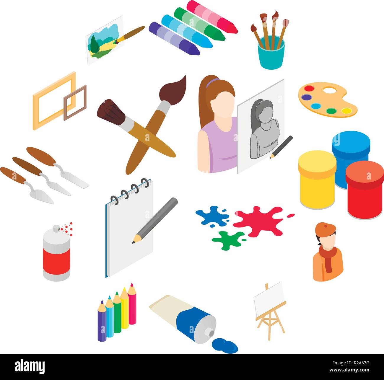 Kunst Symbole in isometrischer 3D-Stil auf weißem Hintergrund ...