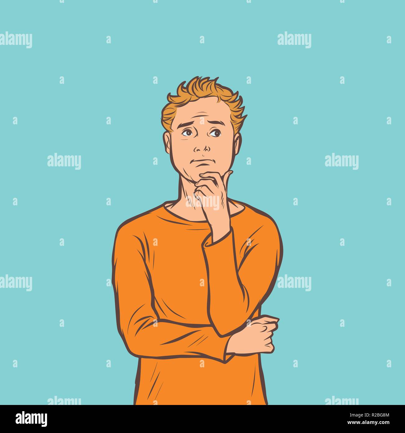 Mann denkt Aufgabe problem Brainstorming. Comic cartoon Pop Art retro ...