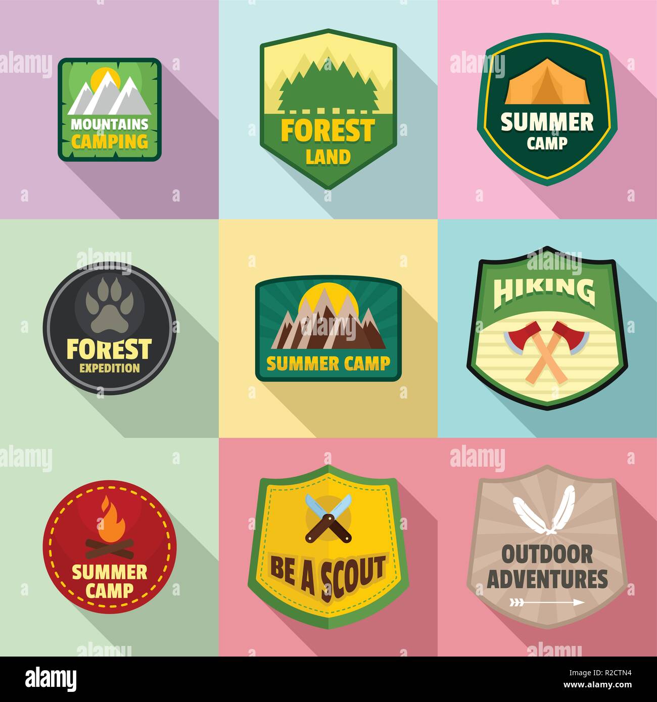 Wald Abzeichen Symbole gesetzt. Flache Set von 9 Wald Abzeichen Vector ...