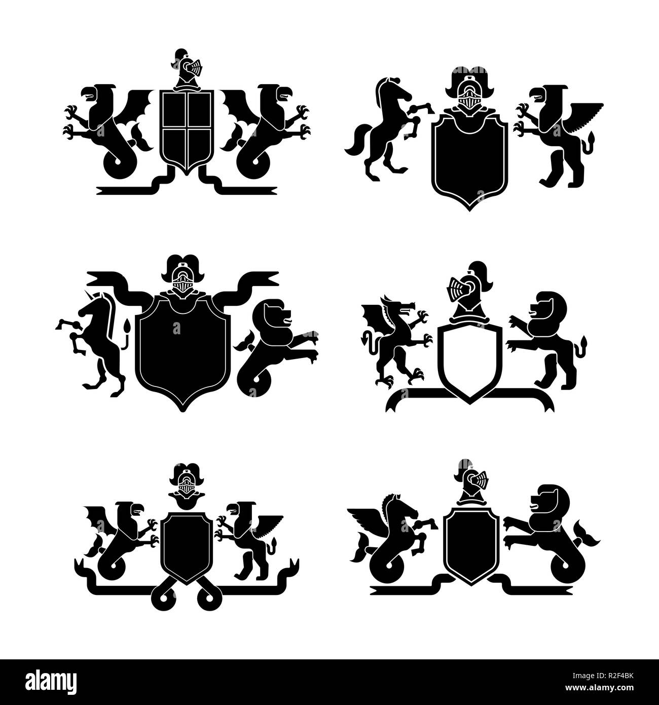 Heraldische Schild und Ritter Helm set Silhouette. Fantastische Tiere ...