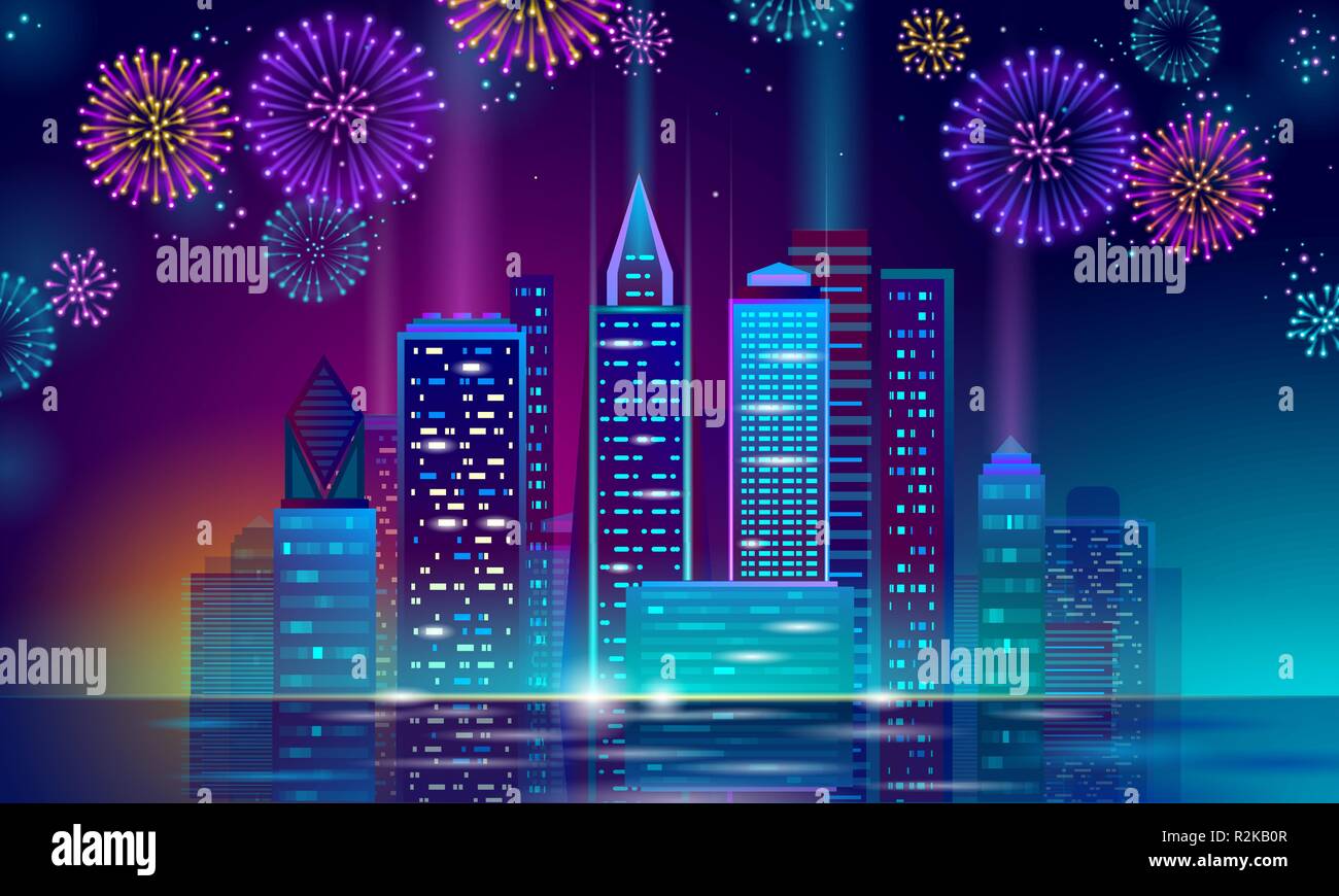 Neon hell skyscraper Urlaub Weihnachten Stadtbild. Neues Jahr 3D ...