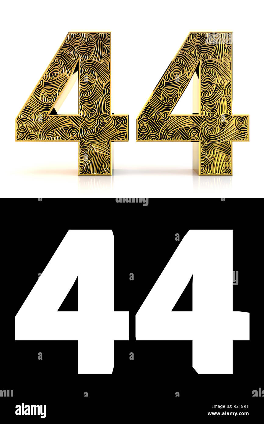 Goldene Zahl 44 (44 Jahre) auf weißem Hintergrund mit Muster zentangle ...