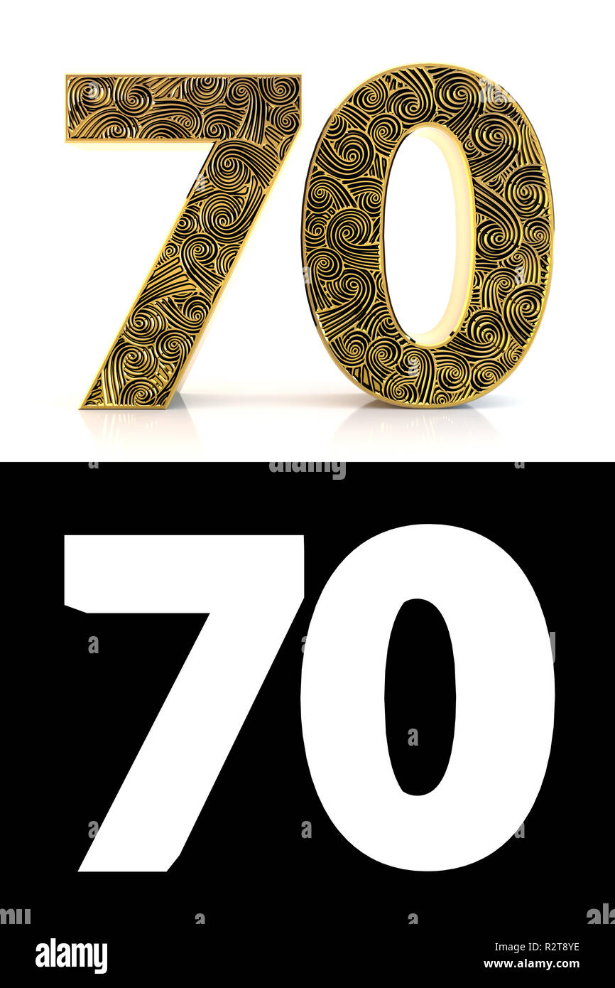 Goldene Zahl siebzig (70 Jahre) auf weißem Hintergrund mit Muster ...