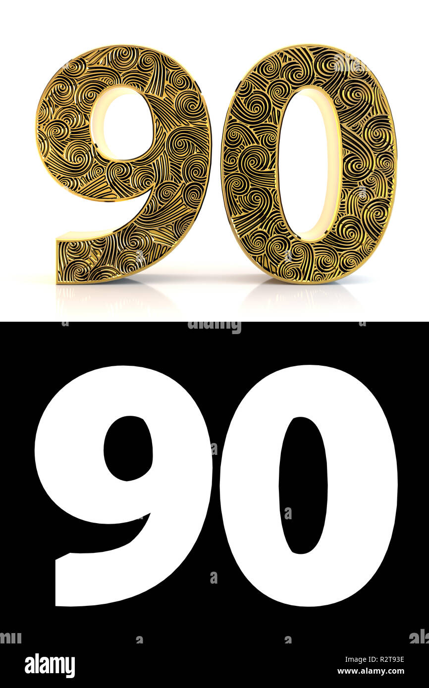 Goldene Zahl neunzig (90 Jahre) auf weißem Hintergrund mit Muster ...