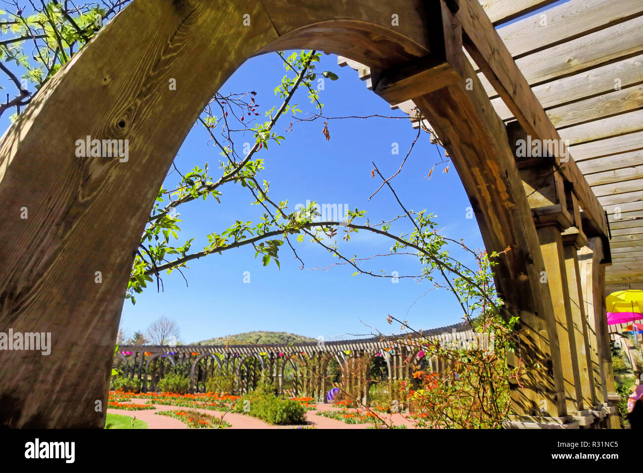 Brick pergola wood -Fotos und -Bildmaterial in hoher Auflösung – Alamy