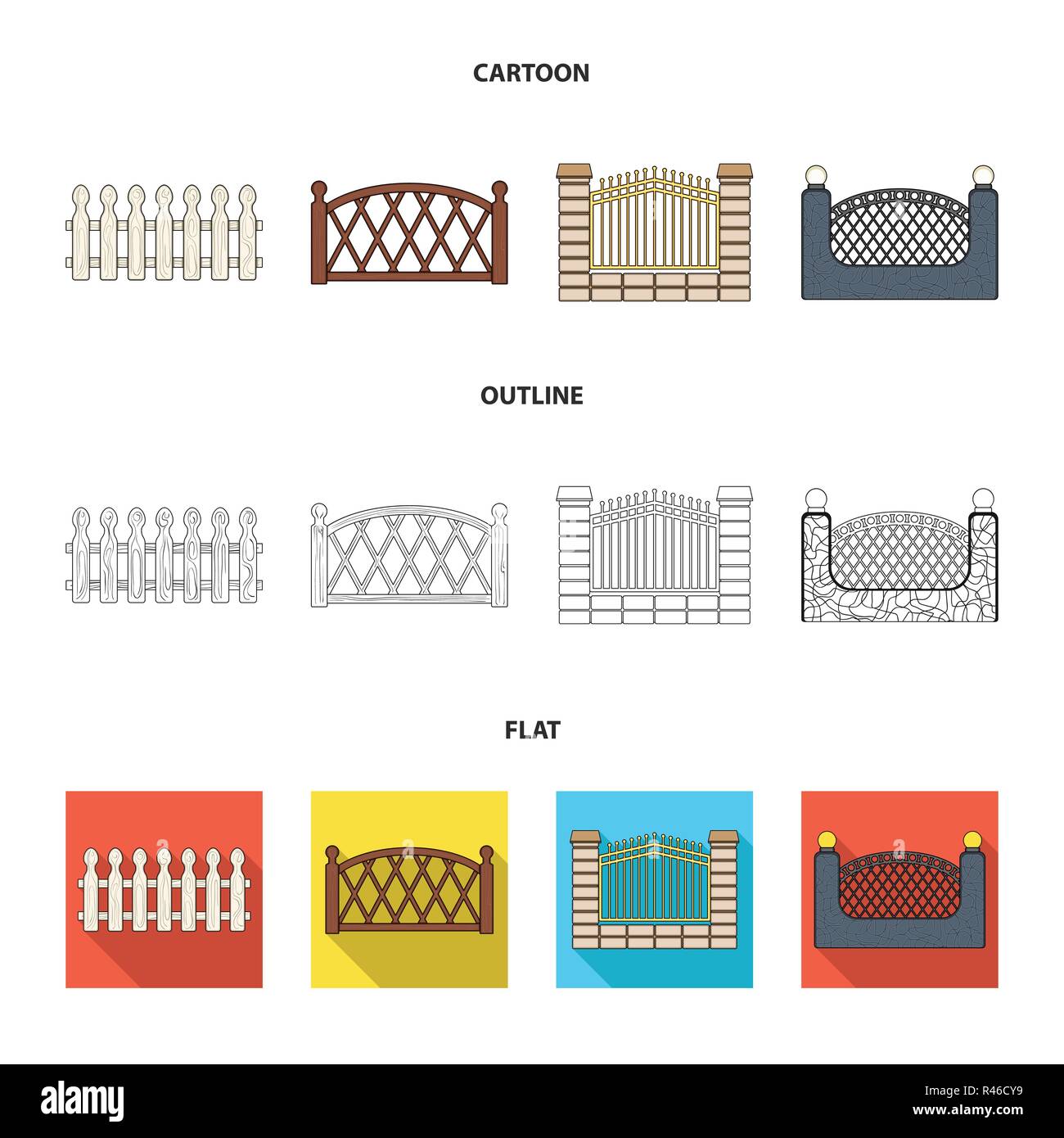 Ein Zaun aus Metall und Ziegel, hölzernen Palisade. Eine andere Zaun ...