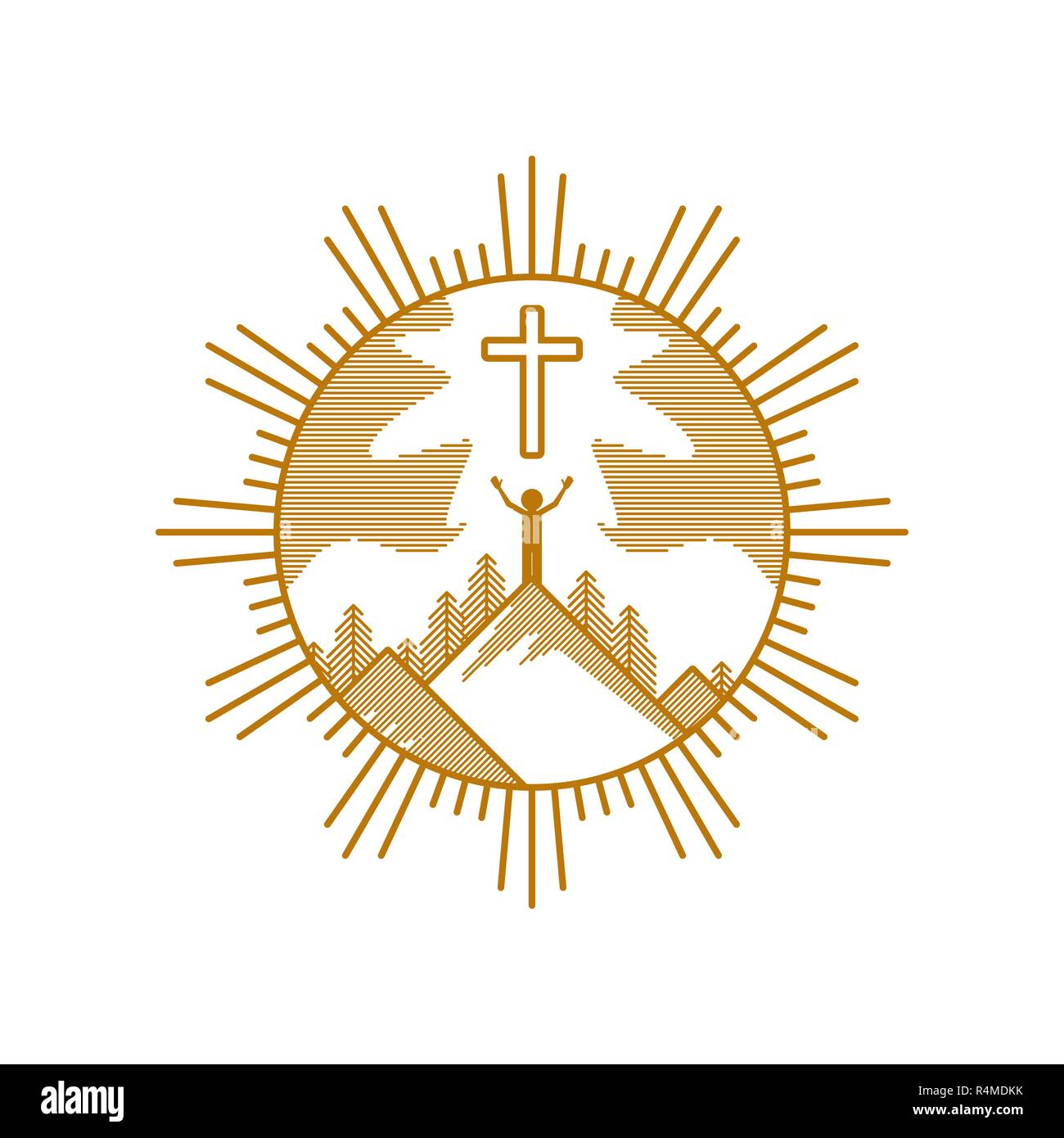 Kirche Logo. Christliche Symbole. Der Mann, der auf dem Berg betet ...
