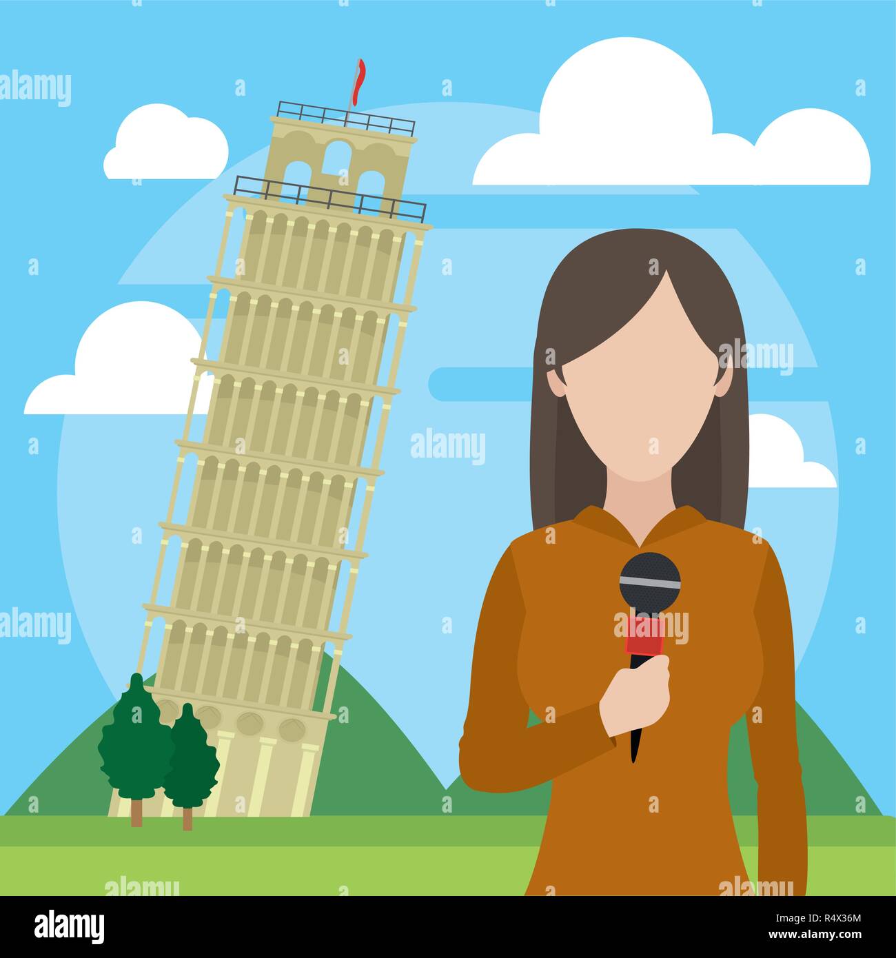 News Journalistin Frau präsentiert vom Turm von Pisa touristische Ort ...